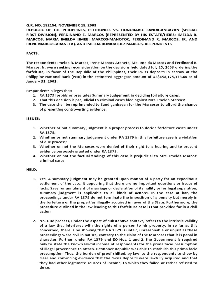 Case Digest No. 1 REPUBLIC VS SANDIGANBAYAN | PDF | Burden Of Proof (Law) | Summary Judgment
