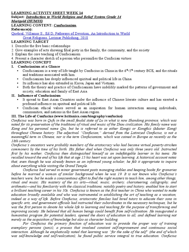 LEARNING ACTIVITY SHEET WEEK 14 | PDF | Confucianism | Confucius