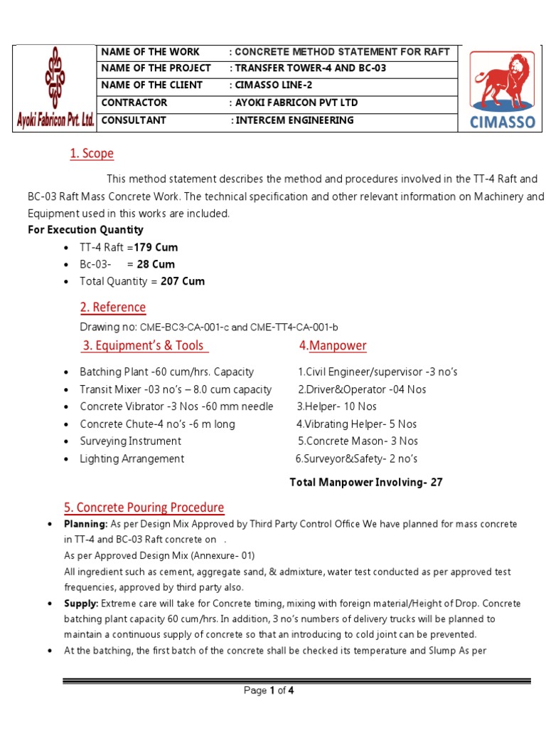 Method Statement Concrete Pouring | PDF | Concrete | Materials