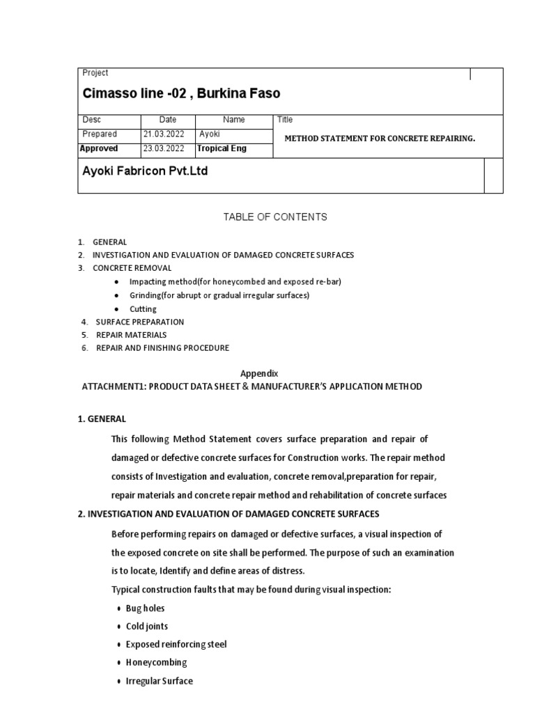 Method Statement For Concrete Repairing. | PDF | Concrete | Asphalt