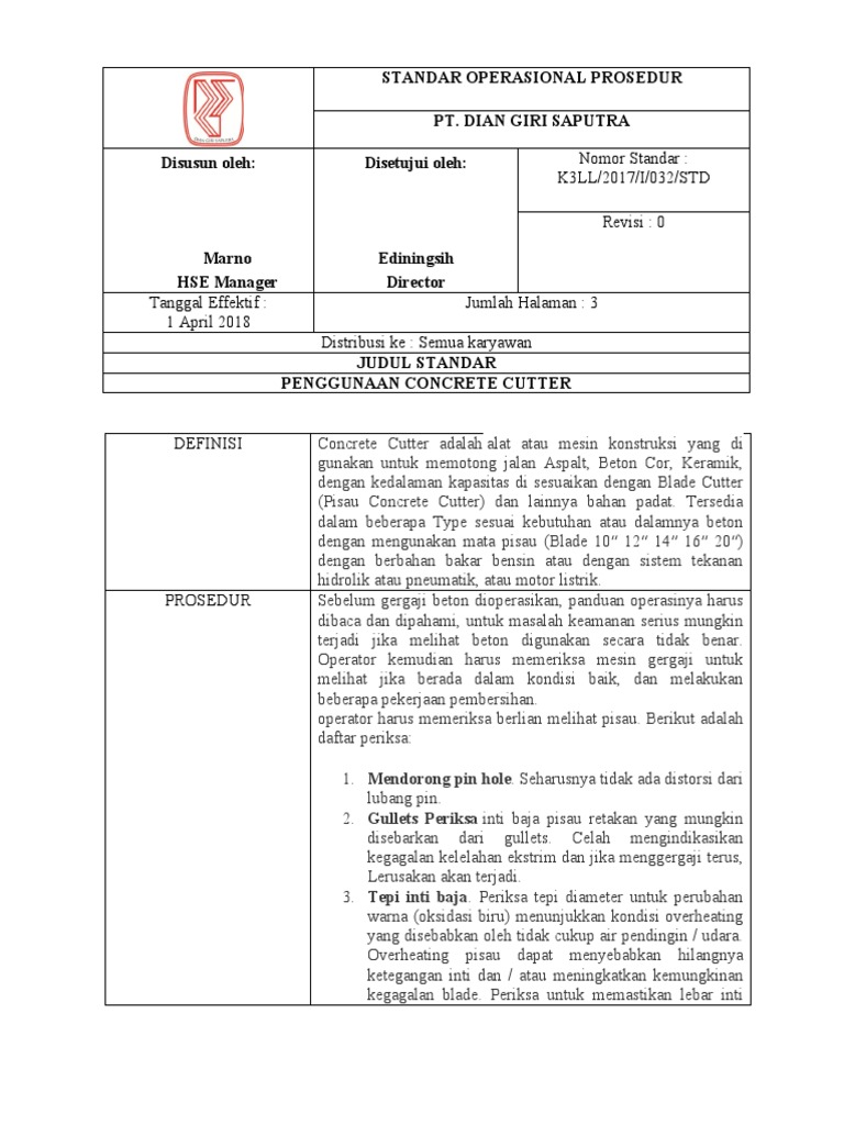 Panduan Penggunaan Concrete Cutter | PDF