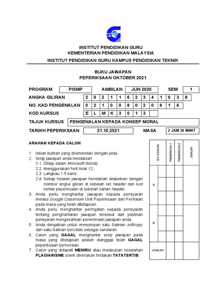 Template Buku Jawapan OKT 2021 | PDF