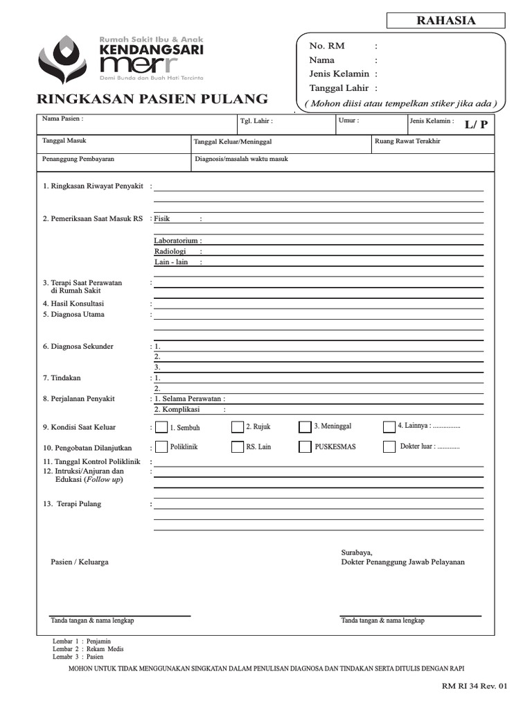 RM RI 34 Rev. 01 - (Resume Medis Rawat Inap) v.1 | PDF