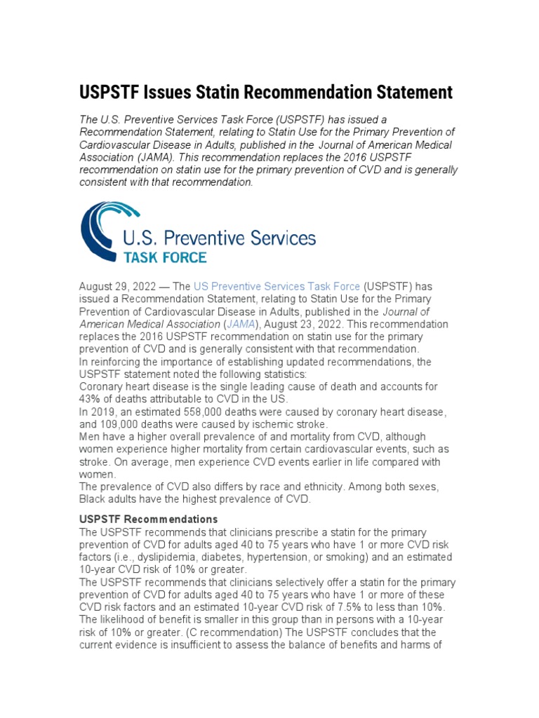 USPSTF Issues Statin Recommendation Statement | PDF | Cardiovascular ...
