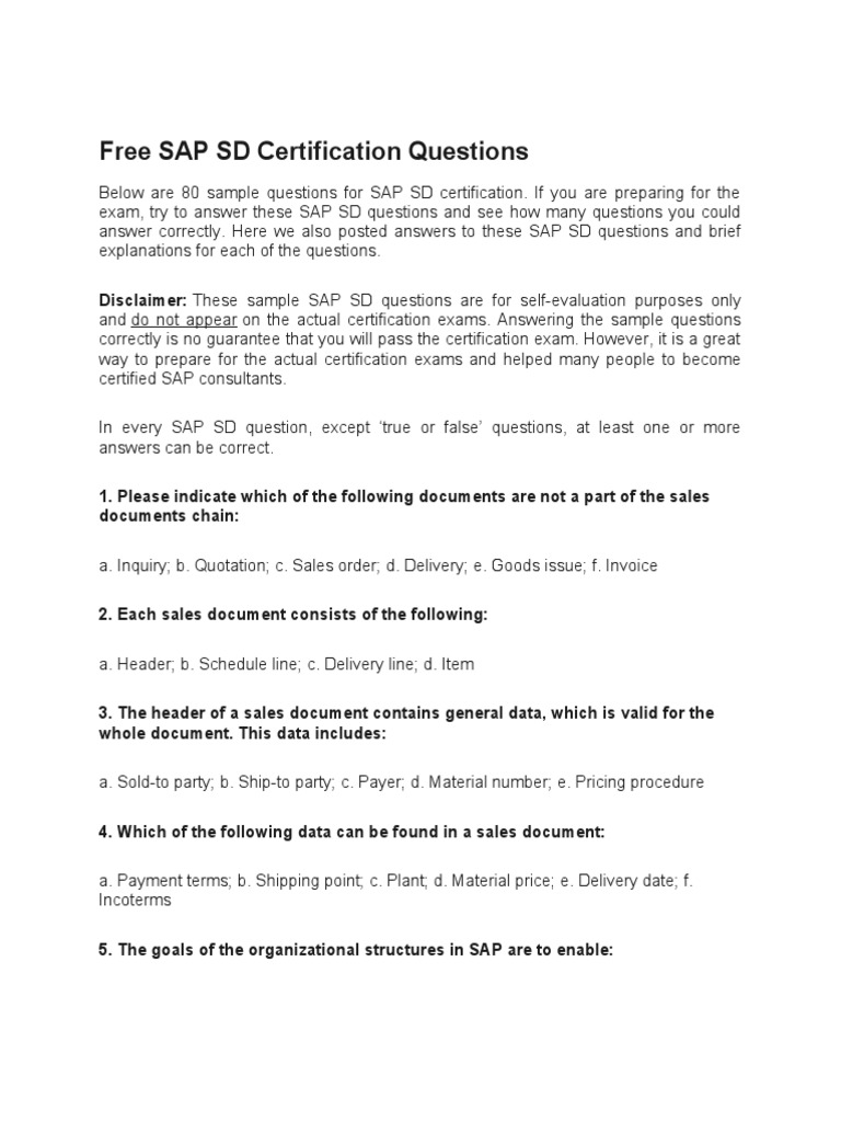 Free SAP SD Certification Questions | PDF | Sales | Test (Assessment)