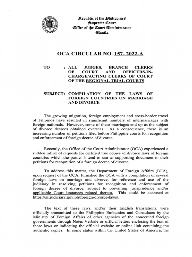 OCA Circular No. 157-2022-A | PDF | Marriage, Unions And Partnerships | Living Arrangements