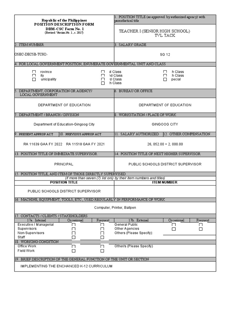Position Description Form T2 TVL TRACK | PDF | Curriculum