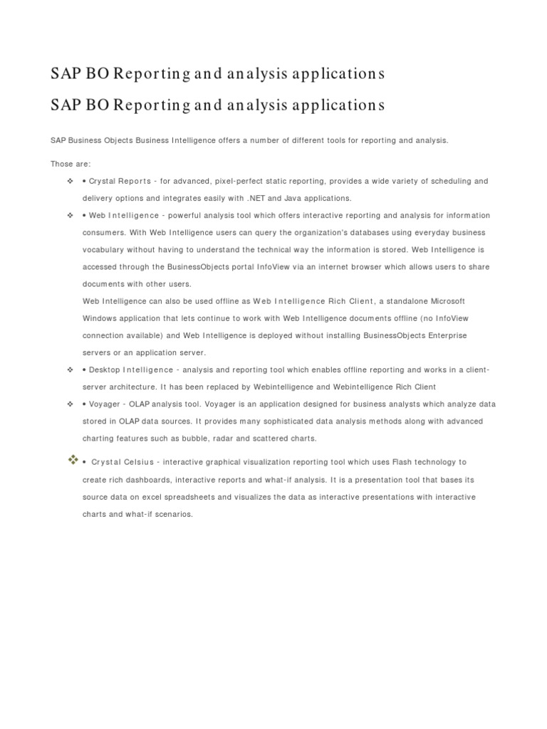 SAP BO Reporting and Analysis Applications SAP BO Reporting and ...