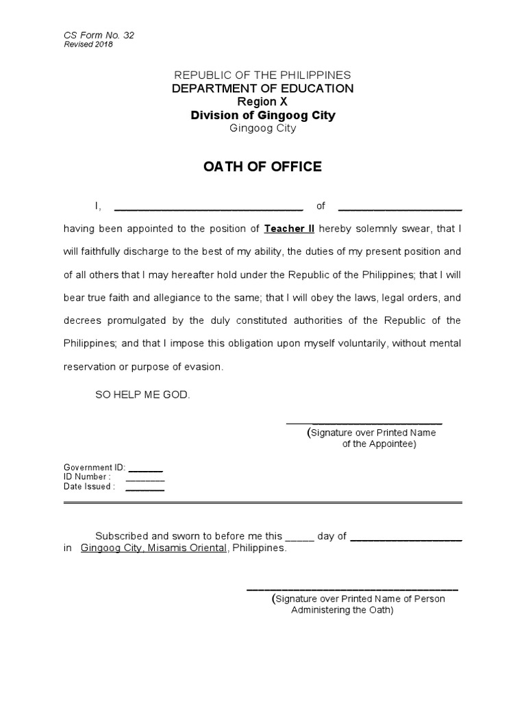 Cs Form No 32 Oath Of Office Notarized PDF