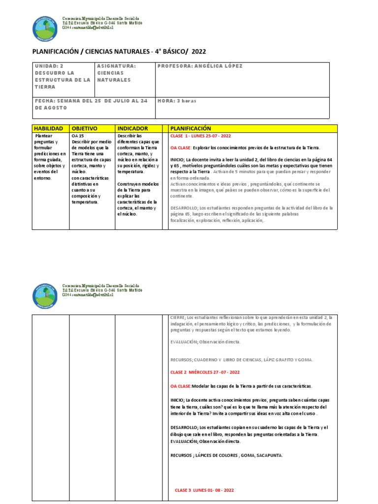 Planificación - Ciencias Naturales - 4° Básico - 2022 | PDF | Tierra ...