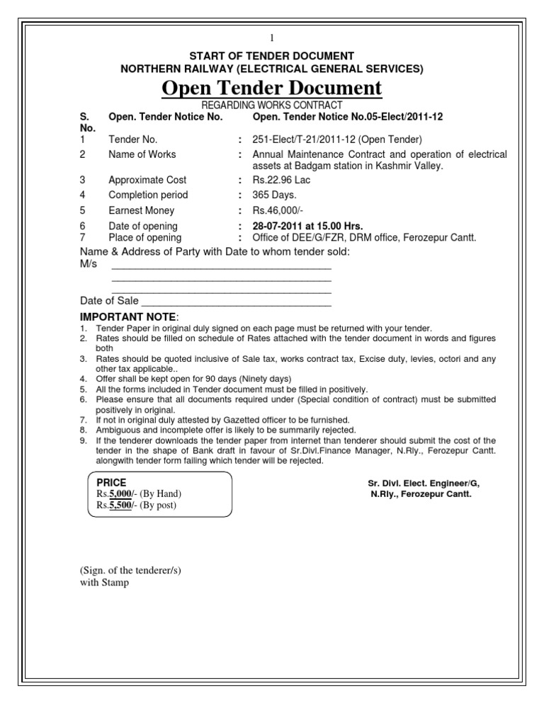 Open Tender Document: Start of Tender Document Northern Railway ...