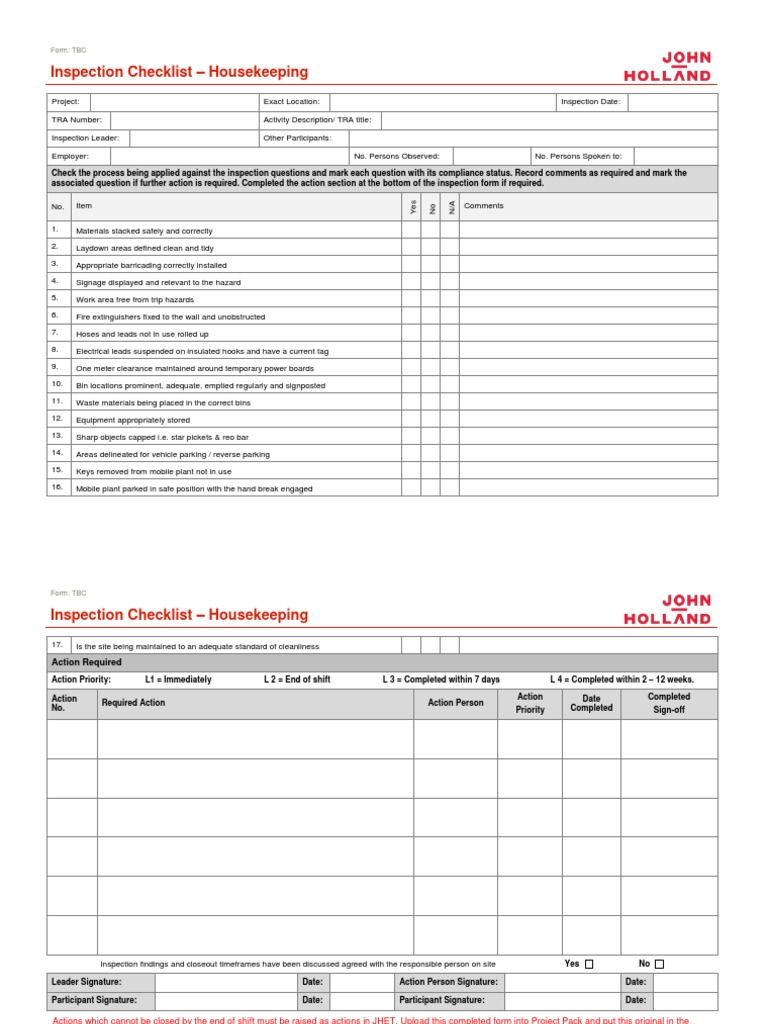 Housekeeping Inspection Checklist | PDF | Housekeeping | Safety