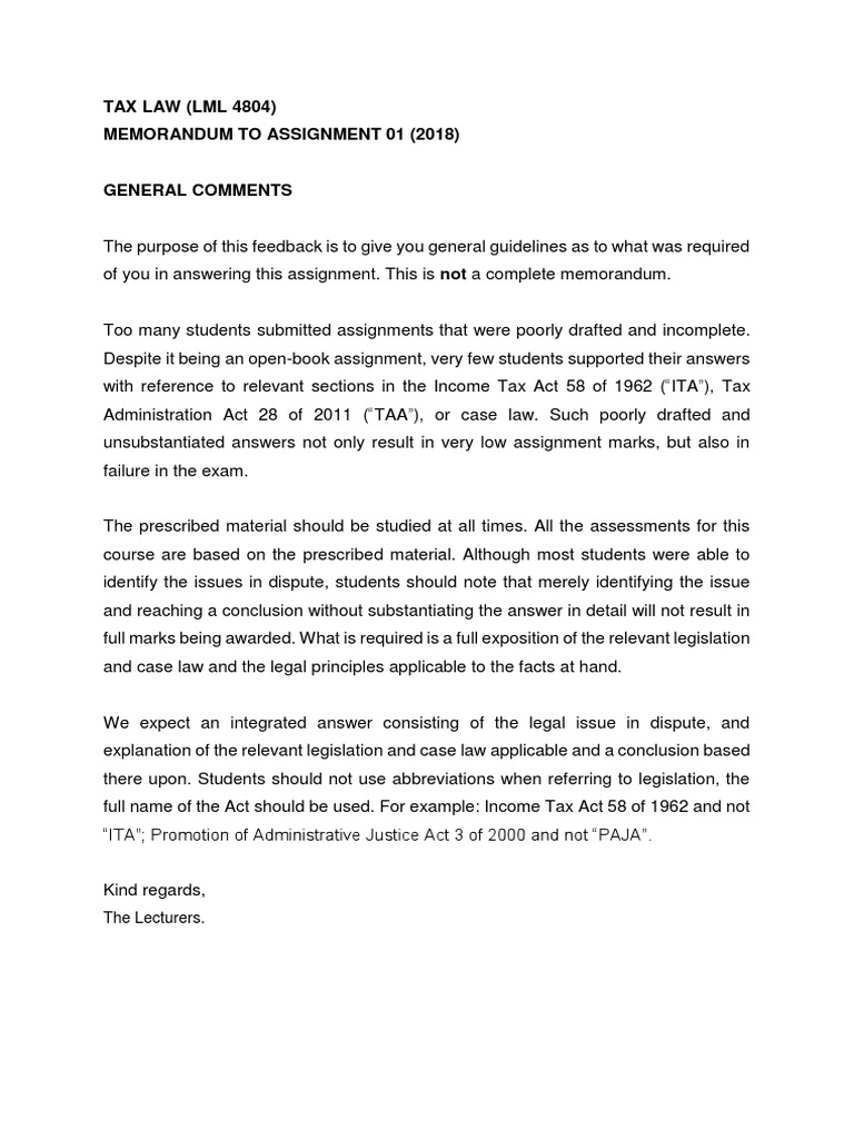 2018 Tax Assignment Memo | PDF | Expense | Loans