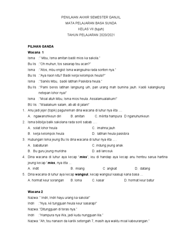 Soal Pas Basa Sunda Kelas 7 | PDF