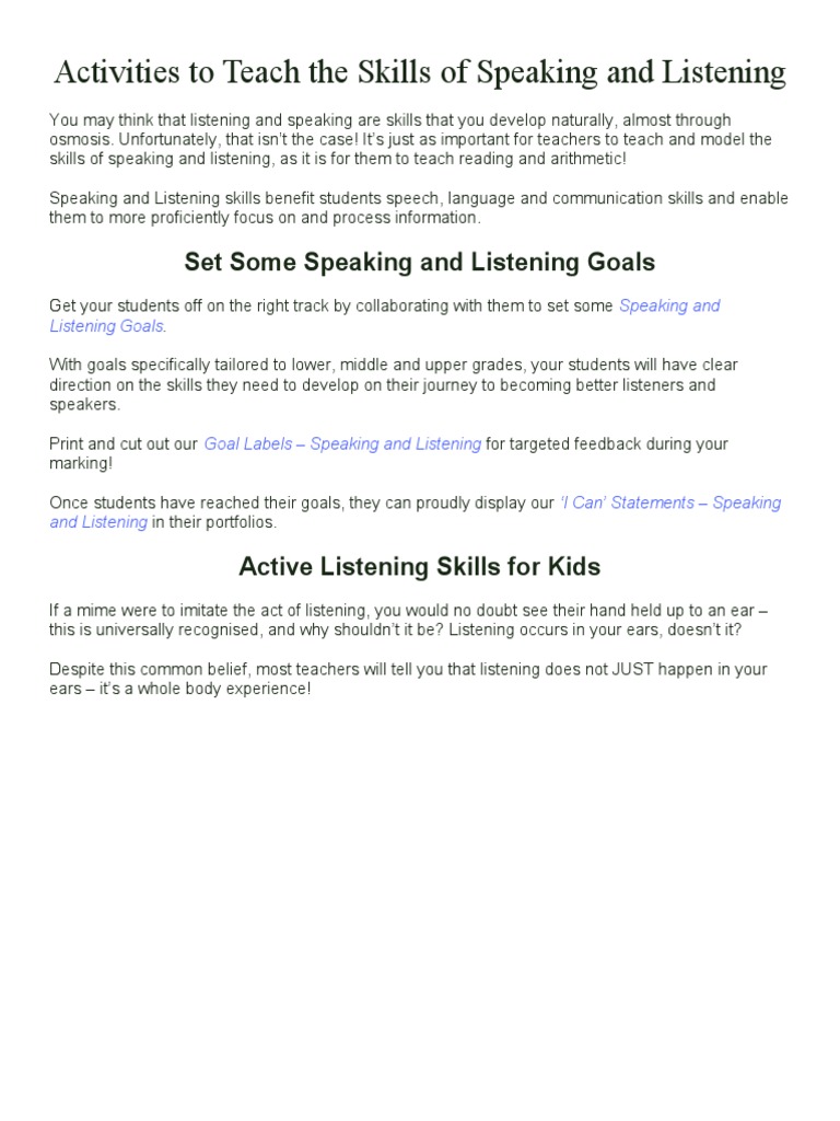 Activities To Teach The Skills of Speaking and Listening | PDF ...