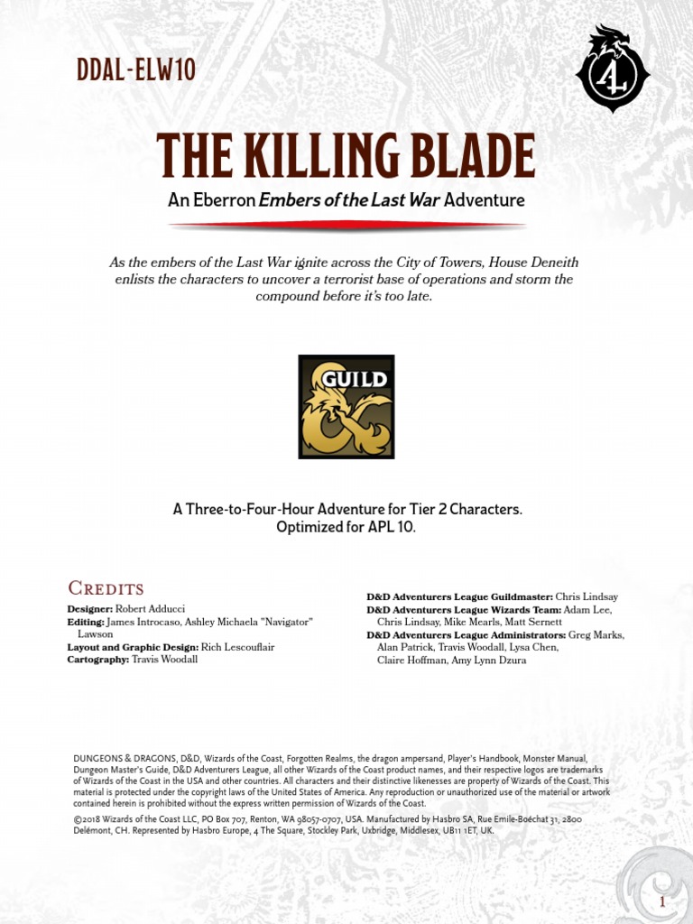 DDAL-ELW10 - The Killing Blade | PDF | Wizards Of The Coast | Dungeons & Dragons