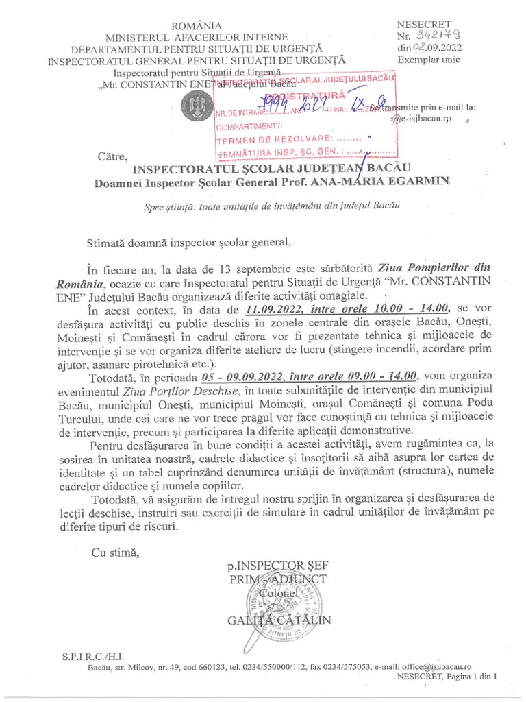 Adresa - ISU - Ziua Pompierilor Din România | PDF