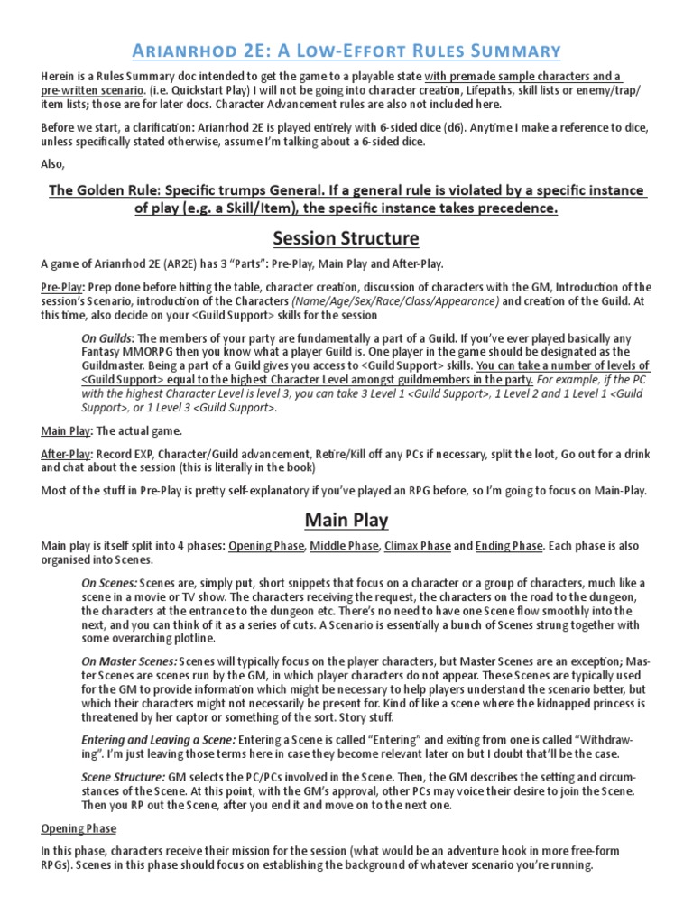Arianrhod 2E Rules Summary | PDF | Role Playing Games | Gaming