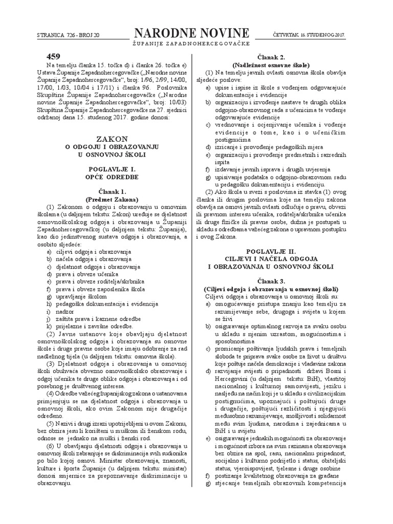 Zakon o Odgoju I Obrazovanju U Osnovnoj Skoli | PDF