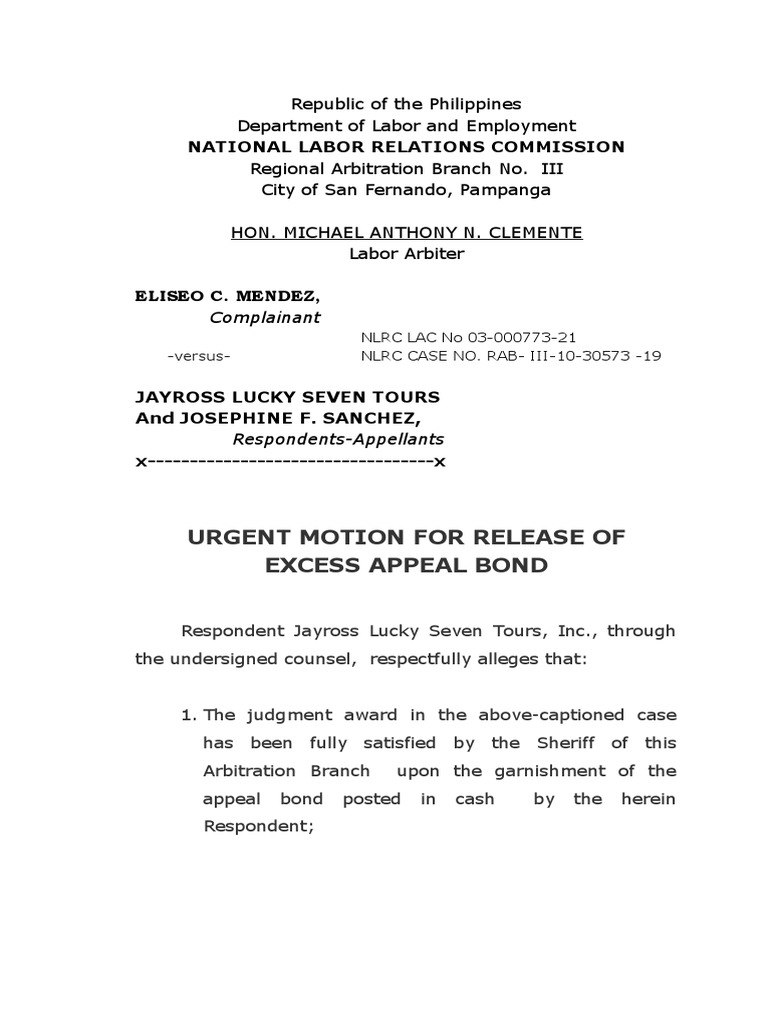 Motion For Release of Excess Appeal Bond - Mendez | PDF | Legal ...