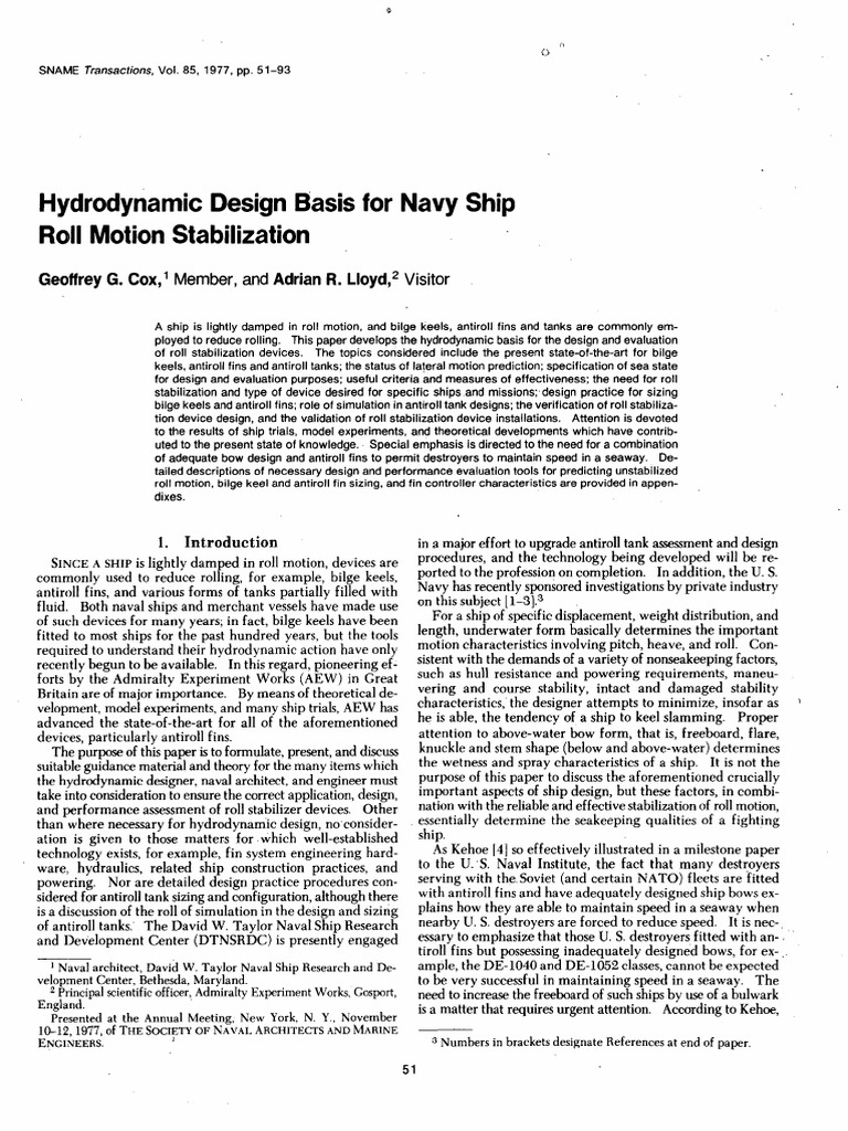 Hydrodynamic Design Basis For Navy Ship Roll Motion Stabilization | PDF ...