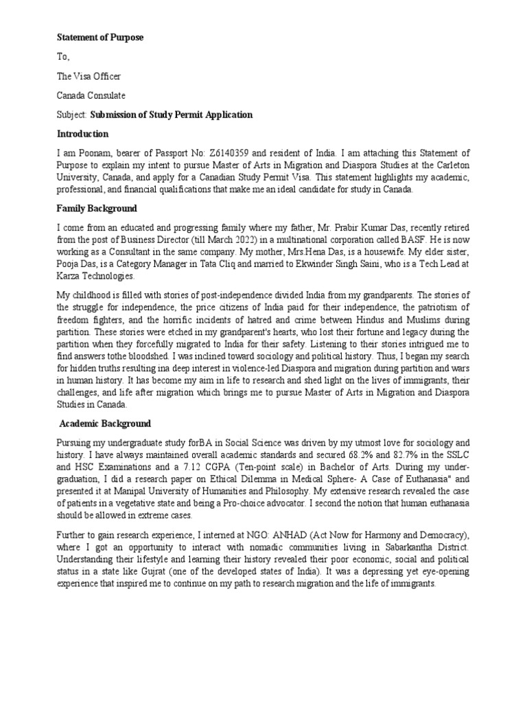 Statement of Purpose - Poonam Das | PDF | Human Migration | Immigration