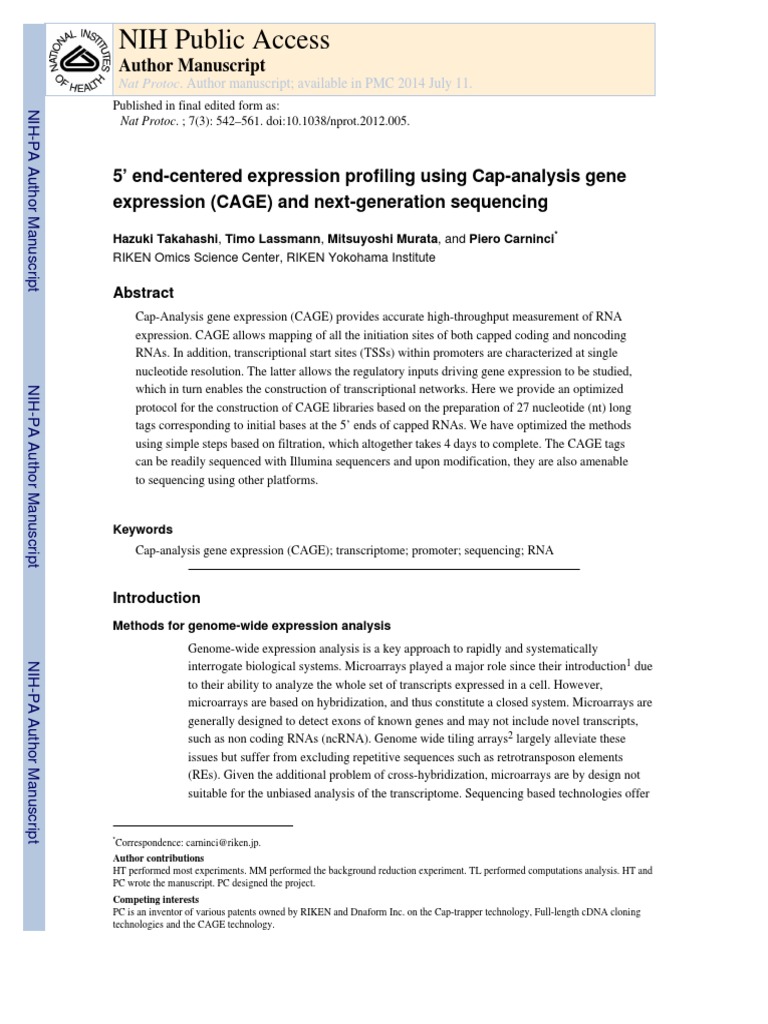 Takahashi, 2012 5' End-Centered Expression Profiling Using Cap-Analysis ...
