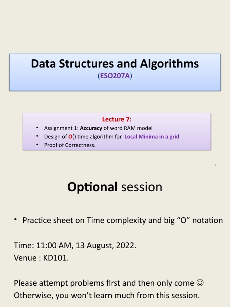 Lecture 7 Eso207 O N Logn Algorithm For Local Minima In Grid And