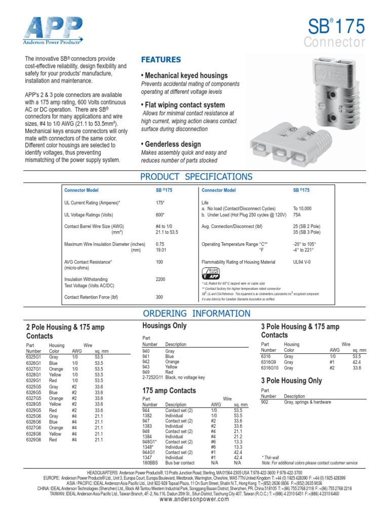 Anderson SB-175 Data Sheet | PDF | Electrical Connector | Electronics