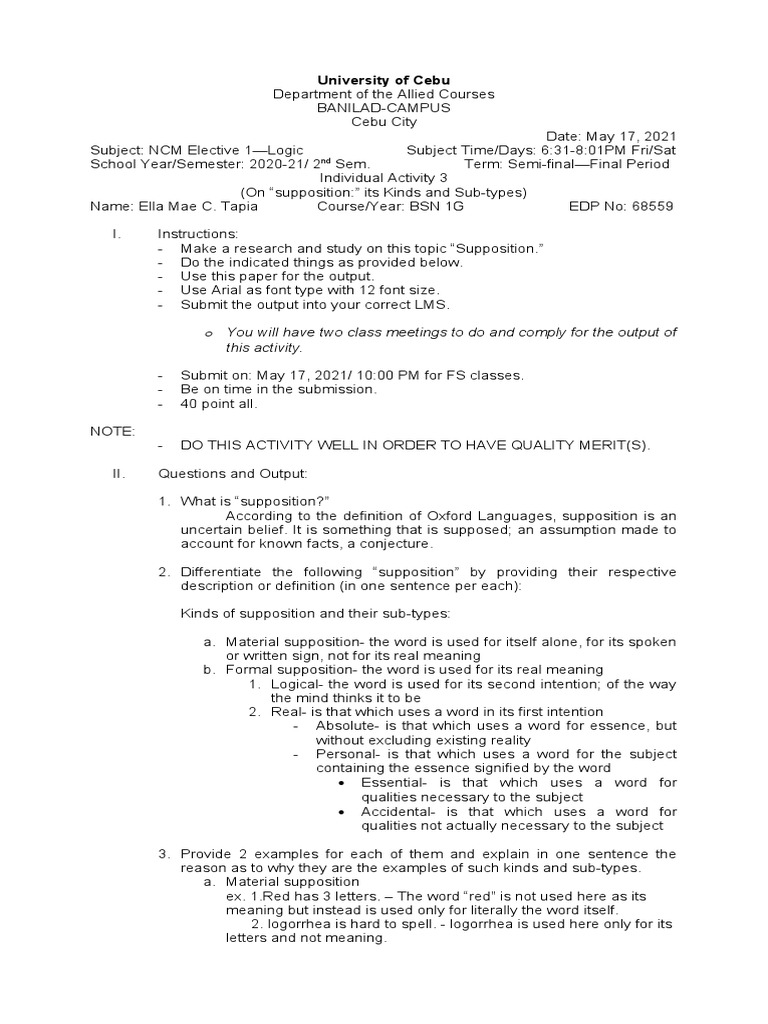 Tapia-Individual Activity 3 - On "Supposition" Its Kinds and Sub-Types | PDF | Mind ...