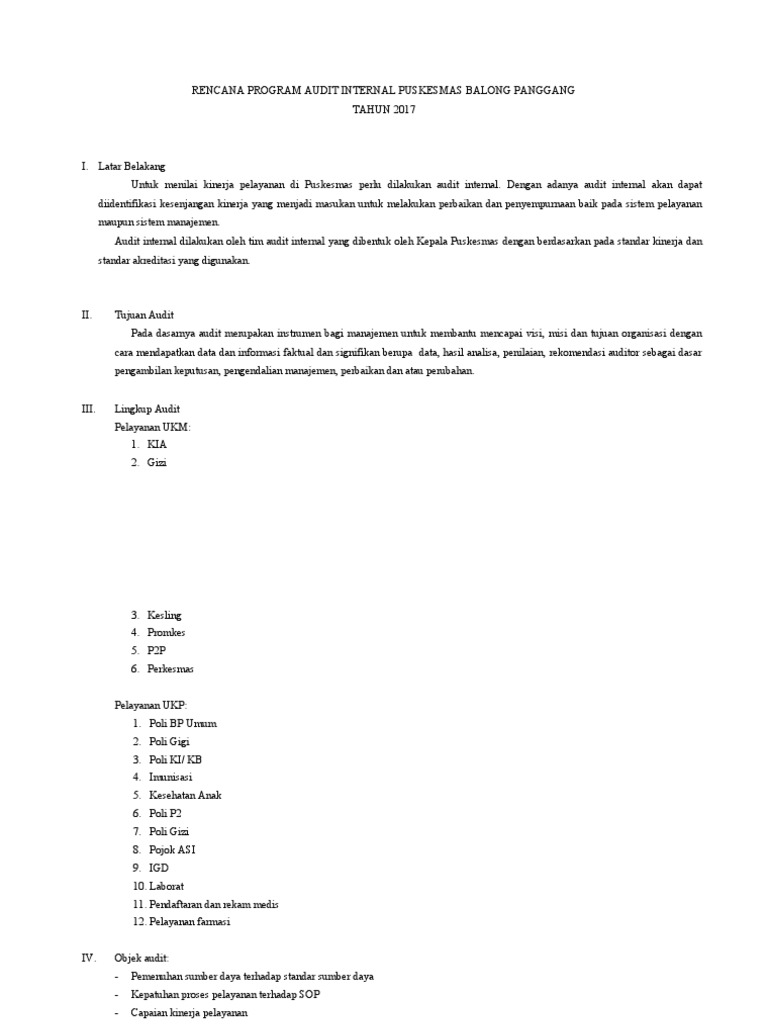 Contoh RENCANA AUDIT INTERNAL PUSKESMAS UKM | PDF