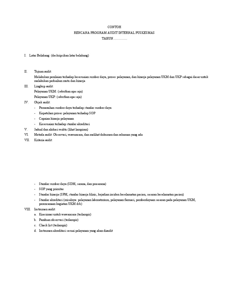Contoh RENCANA AUDIT INTERNAL PUSKESMAS UKP | PDF