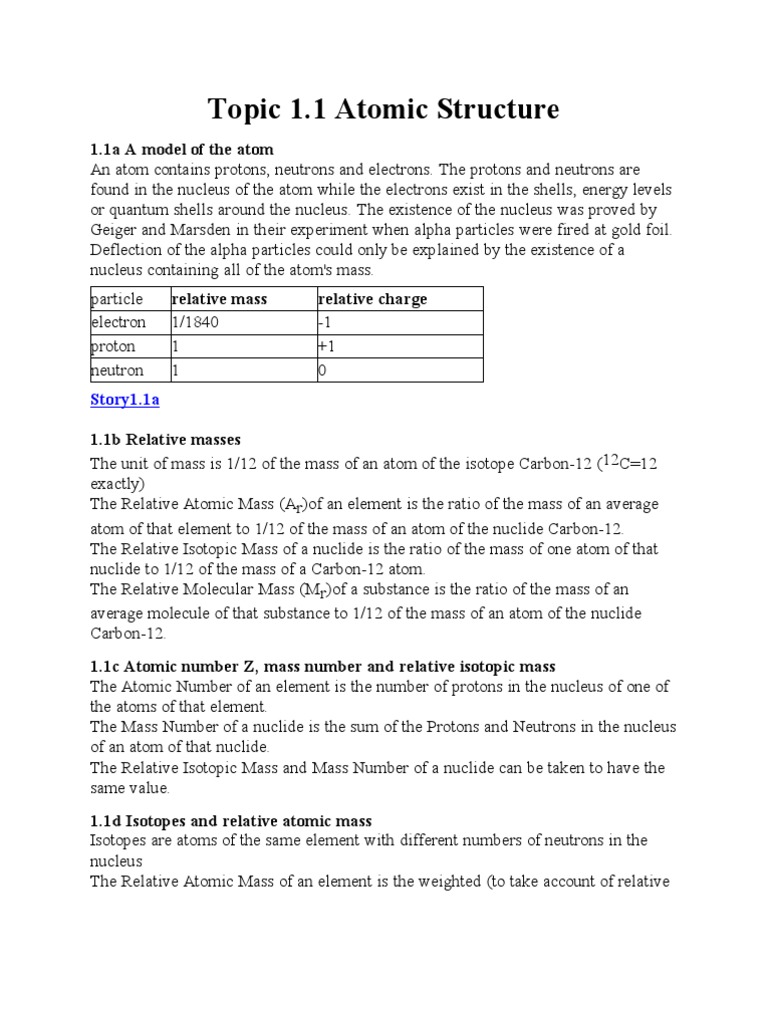 Topic 1.1 Atomic Structure: 1.1a A Model of The Atom | PDF | Electron ...