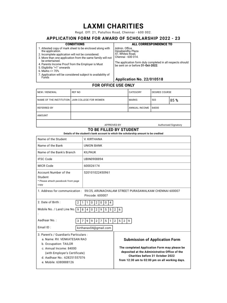 Scholarship Application Form 2022-23 | PDF