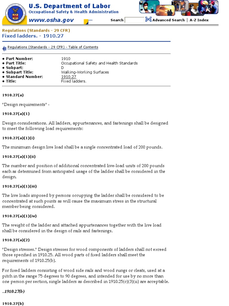 WWW - Osha.gov: Fixed Ladders. - 1910.27 | PDF | Ladder | Structural Load