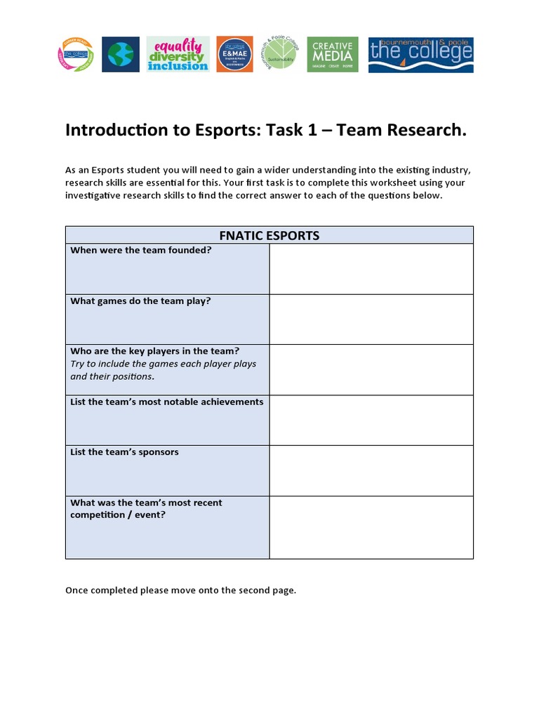 Introduction To Esports Induction Worksheet | PDF
