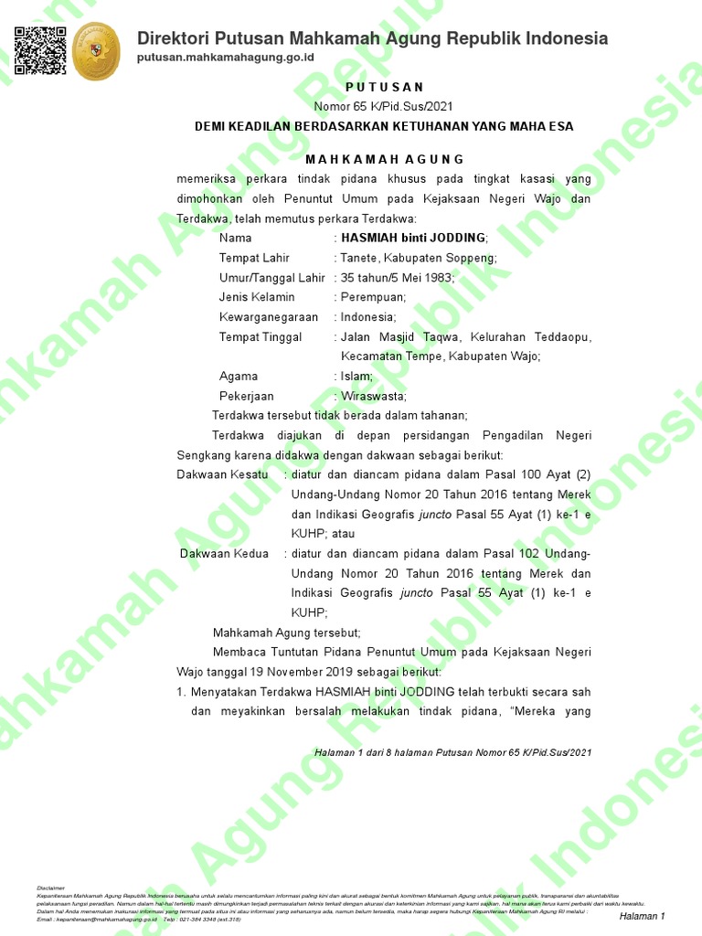PUTUSAN MA Putusan - 65 - K - Pid - Sus - 2021 - 20220713151404 | PDF