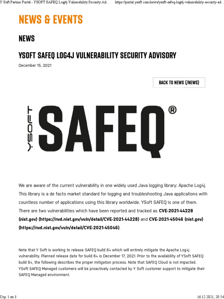 Y Soft Partner Portal - YSOFT SAFEQ Log4j Vulnerability Security ...