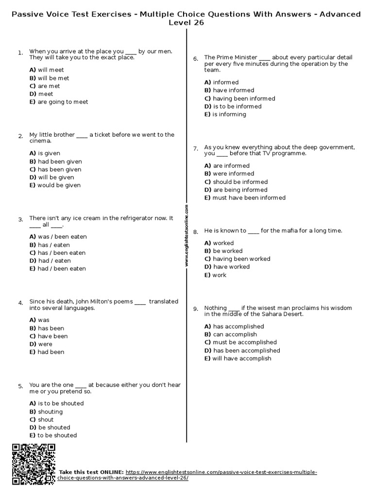 Passive Voice Test Exercises Multiple Choice Questions With Answers ...