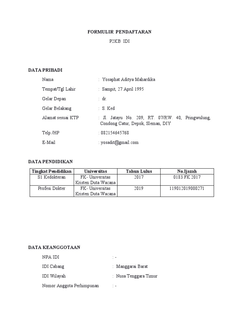 Formulir Pendaftaran Dokter P2KB IDI | PDF