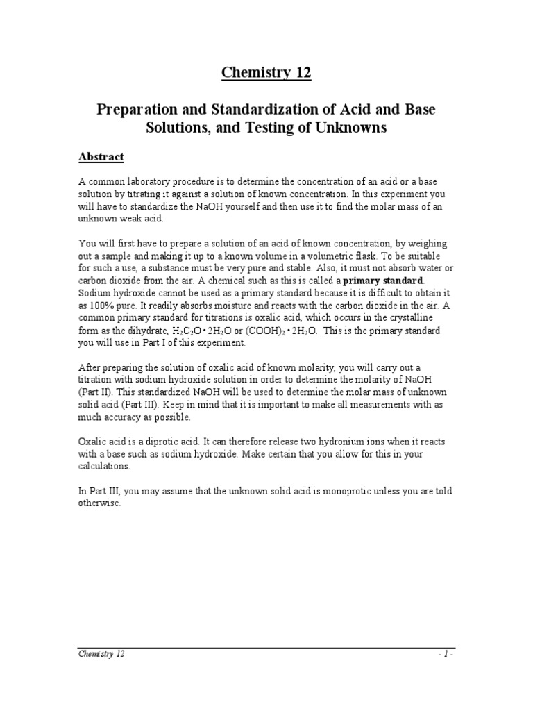 Chemistry 12 - Unknown Acid Base Titration Lab | PDF | Titration ...