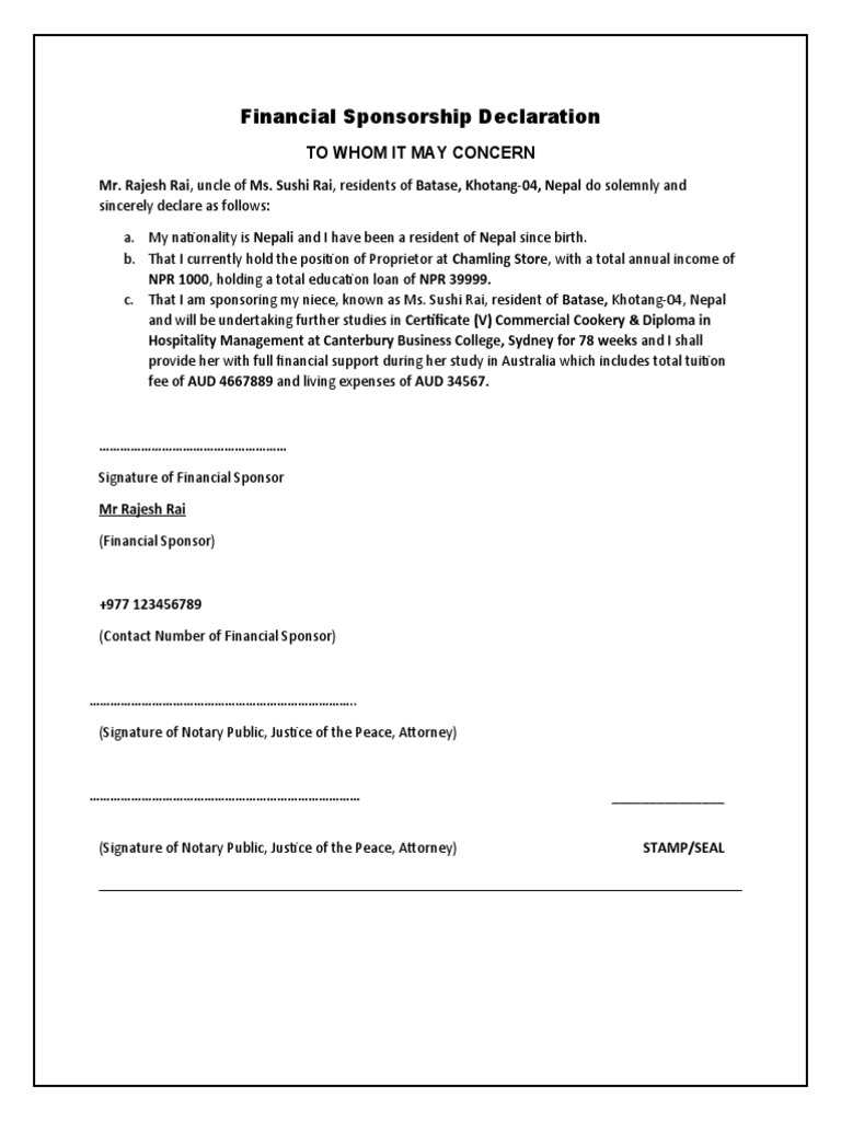 Financial Sponsorship Declaration | PDF | Notary Public | Practice Of Law