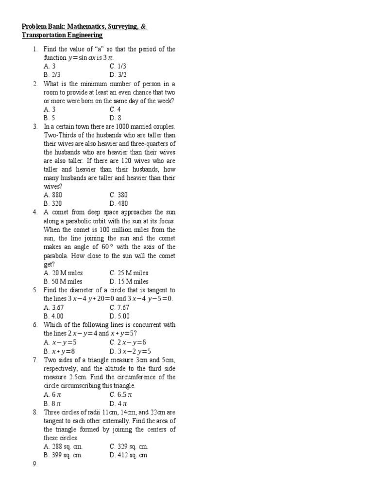Problem Bank: Math, Surveying & Transportation Engineering Problems | PDF