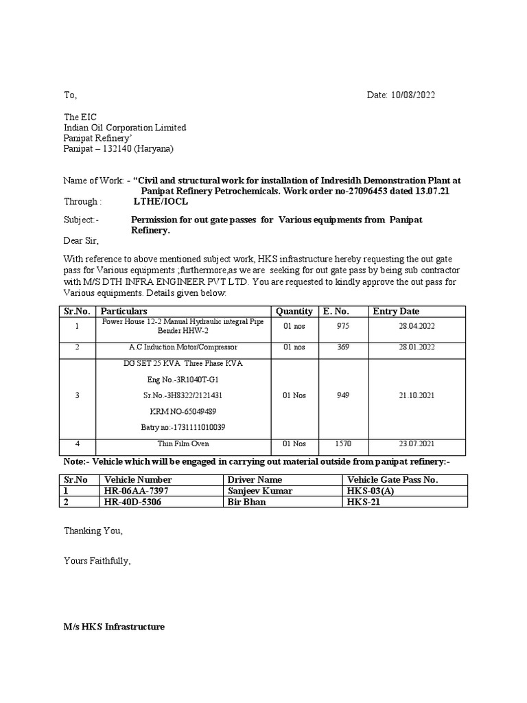 Out Gate Pass Permission | PDF | Manufactured Goods