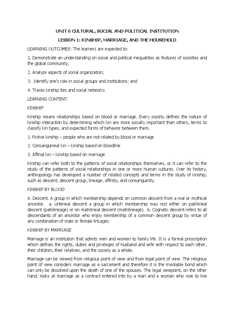 S. Ucsp Unit 6, Lesson 1 - Kinship, Marriage, and The Household | PDF ...