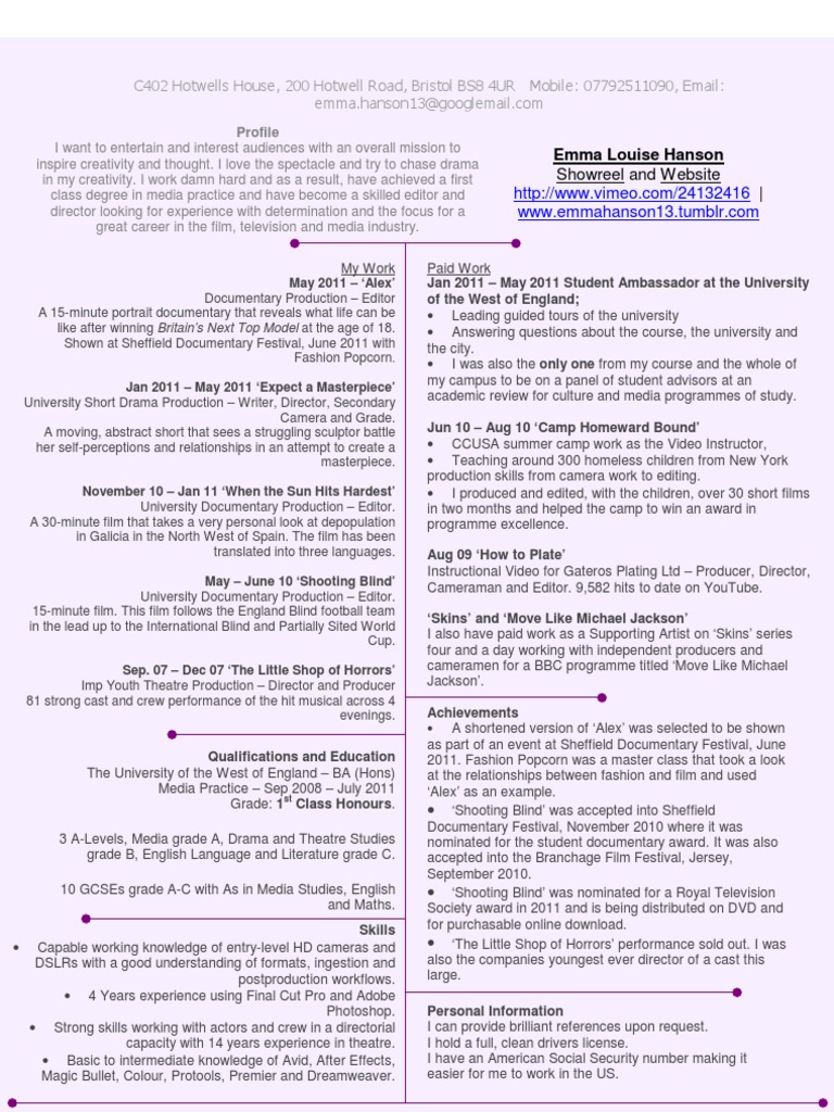 Emma Louise Hanson - Media CV | PDF | Documentary Film | Leisure