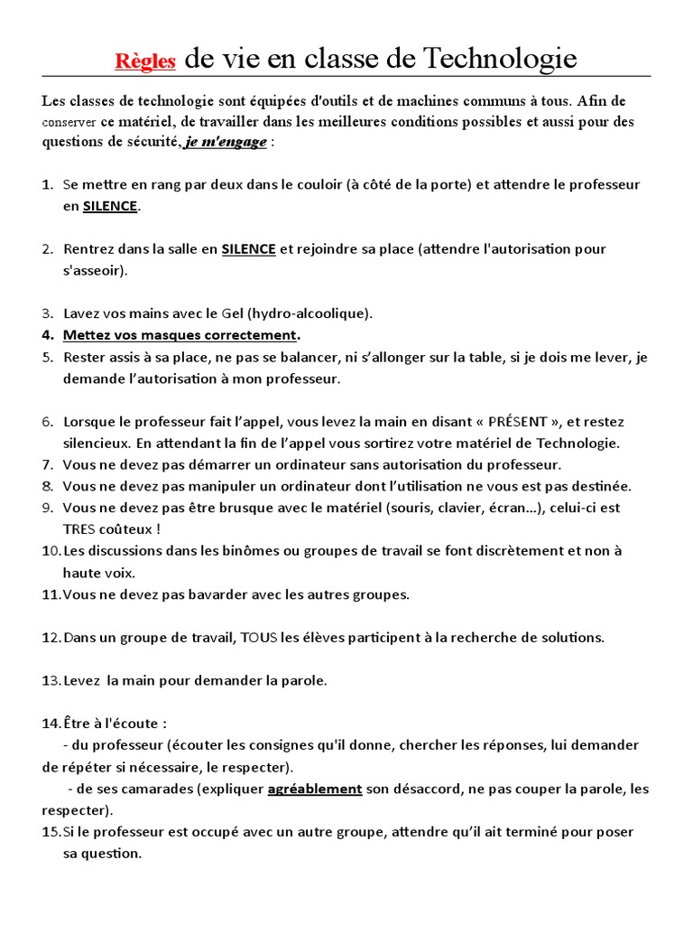 Règles de vie en classe de Technologie | PDF | Matériel informatique