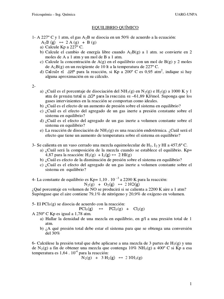 Seminario Nº1 Equilibrio Quimico | PDF | Equilibrio químico | Gases