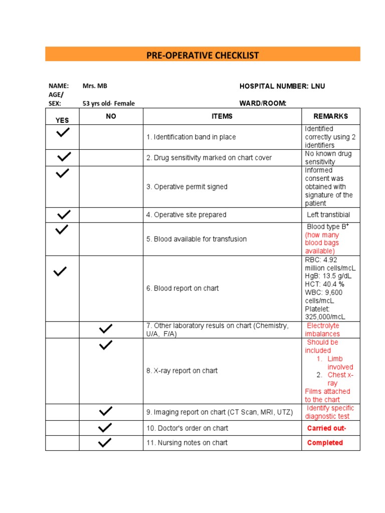 Pre-Operative Assessment Checklist | PDF