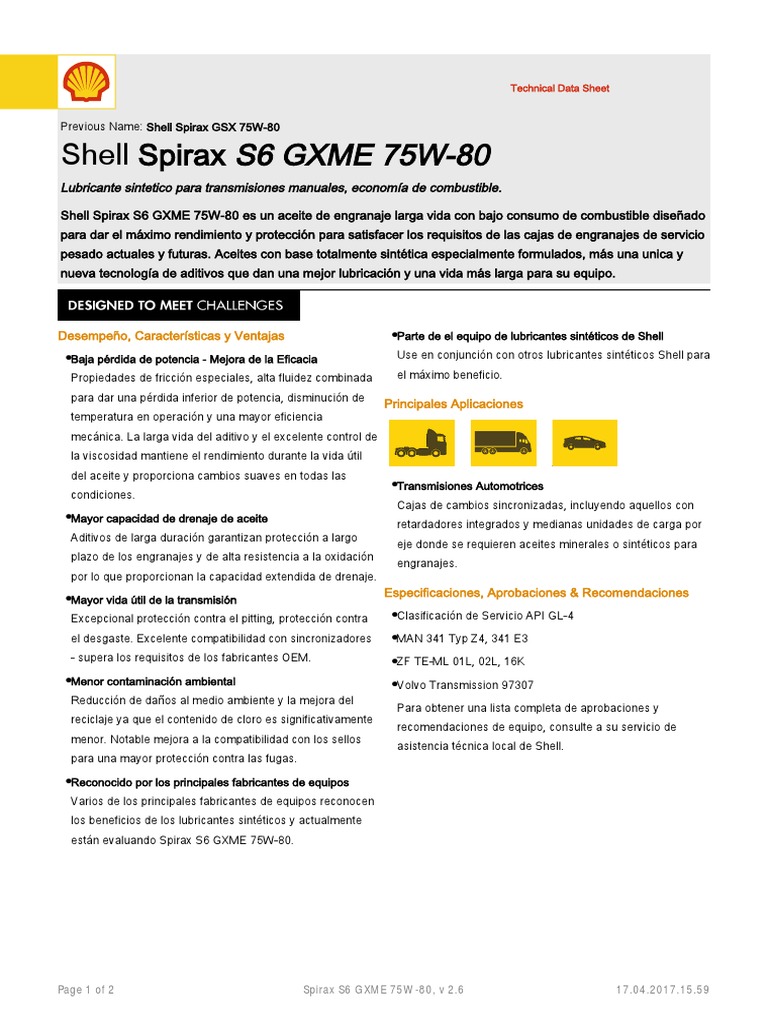 Shell Spirax S6 GXME 75W-80 | PDF | Lubricante | Engranaje
